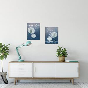 AtGoWac Blue and White Flower Canvas Wall Art Bathroom Decor Pictures Inhale Exhale Quote Prints Spa Room Yoga Decor Dandelion Flower Painting Framed Canvas Print Ready to Hang (12"x16"x2 Panels)