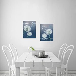 AtGoWac Blue and White Flower Canvas Wall Art Bathroom Decor Pictures Inhale Exhale Quote Prints Spa Room Yoga Decor Dandelion Flower Painting Framed Canvas Print Ready to Hang (12"x16"x2 Panels)