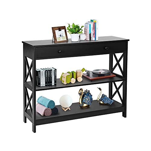 SUPER DEAL 3 Tier Console Table with 1 Storage Drawer Narrow Entryway Accent End Table Sofa Side Table for Living Room Bedroom Couch Hallway, X Frame Design, 39.3 Inch 2 Storage Shelves Black