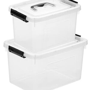 JUJIAJIA Clear Storage Latch Box/Bin, 2-Pack Plastic Organizing Container with Handle and Lids (7 QT/16QT)