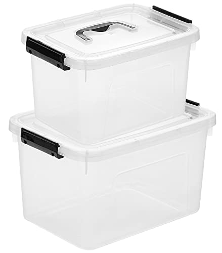 JUJIAJIA Clear Storage Latch Box/Bin, 2-Pack Plastic Organizing Container with Handle and Lids (7 QT/16QT)