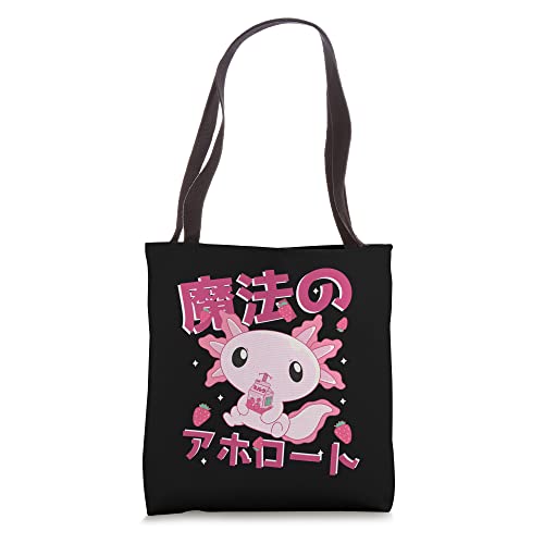 Kawaii Axolotl Strawberry Milk Shake Japanese Anime Tote Bag