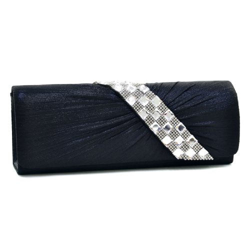 Dasein Womens Rhinestone Evening Bag Prom Wedding Party Clutch Purse (Pleated-Black)