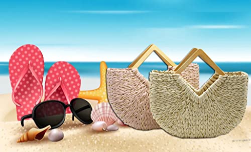 Womens Top Handle Straw Beach Tote Bags Shoulder Bag Beach Bag Large Size Purses Big Woven Rhombus Handle Bag