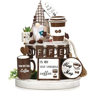 8 pieces coffee tiered tray decor coffee bar accessories table centerpiece farmhouse decorations gnome rustic coffee bar wood signs for home kitchen coffee station, coffee style (coffee style)