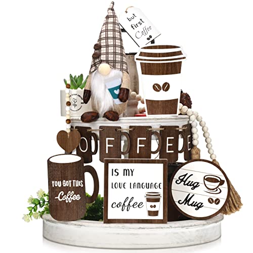 8 Pieces Coffee Tiered Tray Decor Coffee Bar Accessories Table Centerpiece Farmhouse Decorations Gnome Rustic Coffee Bar Wood Signs for Home Kitchen Coffee Station, Coffee Style (Coffee Style)