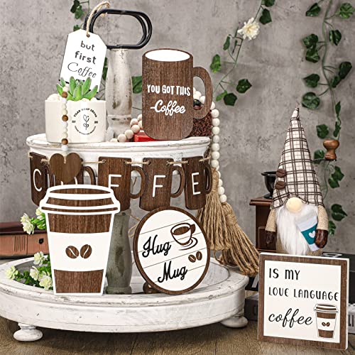 8 Pieces Coffee Tiered Tray Decor Coffee Bar Accessories Table Centerpiece Farmhouse Decorations Gnome Rustic Coffee Bar Wood Signs for Home Kitchen Coffee Station, Coffee Style (Coffee Style)