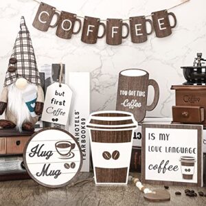 8 Pieces Coffee Tiered Tray Decor Coffee Bar Accessories Table Centerpiece Farmhouse Decorations Gnome Rustic Coffee Bar Wood Signs for Home Kitchen Coffee Station, Coffee Style (Coffee Style)