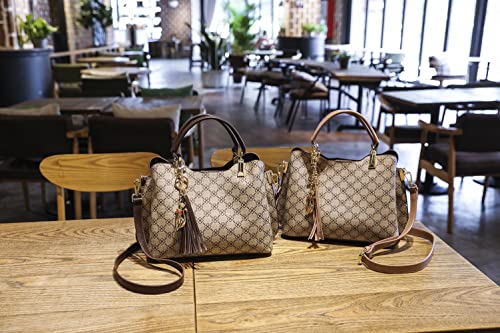 Eightown Beige Tote Bag for Women - Designer Top Handle Bag with Flowers Printing - High-capacity Shoulder Purse with Tassel Pendant(Brown strap)