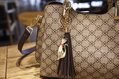 Eightown Beige Tote Bag for Women - Designer Top Handle Bag with Flowers Printing - High-capacity Shoulder Purse with Tassel Pendant(Brown strap)