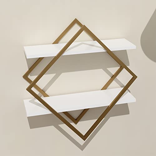 Diamond Shape Metal Frame Wall Mount Rustic Shelf. Mid Century Modern 2 Tier Wall Shelf, Decoration and Frame Holder Wall Shelf (White/Gold)