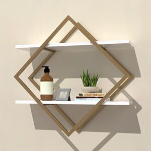 Diamond Shape Metal Frame Wall Mount Rustic Shelf. Mid Century Modern 2 Tier Wall Shelf, Decoration and Frame Holder Wall Shelf (White/Gold)