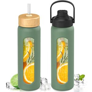 kodrine glass water bottles with straw, 24oz water bottle with 2 lids – handle spout lid & bamboo straw lid, motivational water bottle with silicone sleeve, wide mouth, leakproof, bpa free(olive)