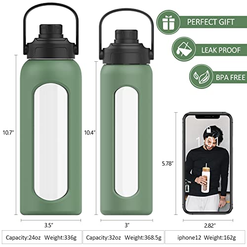 Kodrine Glass Water Bottles with Straw, 24oz Water Bottle with 2 Lids - Handle Spout Lid & Bamboo Straw Lid, Motivational Water Bottle with Silicone Sleeve, Wide Mouth, Leakproof, BPA Free(Olive)