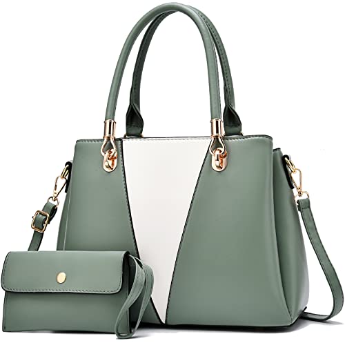 Womens Handbags Purse Top Handle Bags Contrast Color Stitching Leather Satchel Purse Set 2pcs Totes Shoulder Bag for Ladies Green