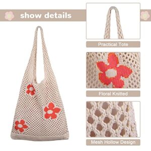 Emprier Women Retro Summer Hobo Bag Trendy Flower Knitted Shoulder Bags Mesh Hollow Tote Bag Casual Beach Purse