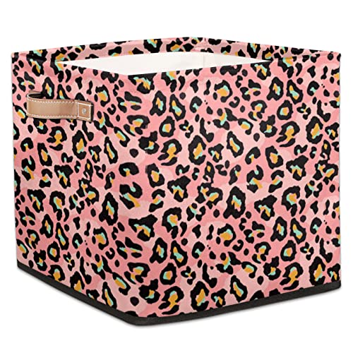 Pink Leopard Print Cube Storage Bins 13 x 13 x 13 inch, Fabric Organizer Bins Basket Boxes with PU Leather Handles Foldable Storage Cube for Clothes Bedroom Closet Shelves