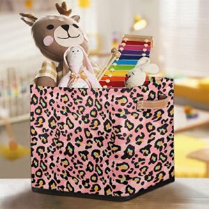 Pink Leopard Print Cube Storage Bins 13 x 13 x 13 inch, Fabric Organizer Bins Basket Boxes with PU Leather Handles Foldable Storage Cube for Clothes Bedroom Closet Shelves