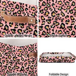 Pink Leopard Print Cube Storage Bins 13 x 13 x 13 inch, Fabric Organizer Bins Basket Boxes with PU Leather Handles Foldable Storage Cube for Clothes Bedroom Closet Shelves