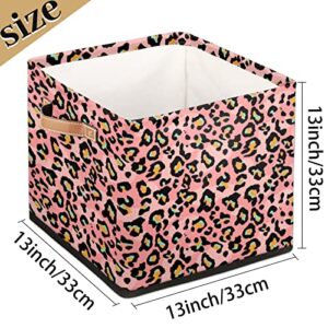 Pink Leopard Print Cube Storage Bins 13 x 13 x 13 inch, Fabric Organizer Bins Basket Boxes with PU Leather Handles Foldable Storage Cube for Clothes Bedroom Closet Shelves