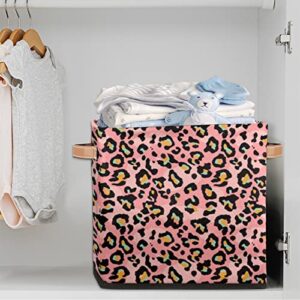 Pink Leopard Print Cube Storage Bins 13 x 13 x 13 inch, Fabric Organizer Bins Basket Boxes with PU Leather Handles Foldable Storage Cube for Clothes Bedroom Closet Shelves