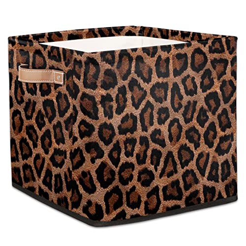 Leopard Print Cube Storage Bins 13 x 13 x 13 inch, Animal Print Fabric Organizer Bins Basket Boxes with PU Leather Handles Foldable Storage Cube for Clothes Bedroom Closet Shelves