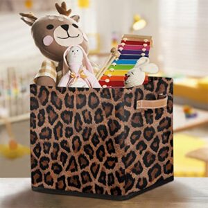 Leopard Print Cube Storage Bins 13 x 13 x 13 inch, Animal Print Fabric Organizer Bins Basket Boxes with PU Leather Handles Foldable Storage Cube for Clothes Bedroom Closet Shelves