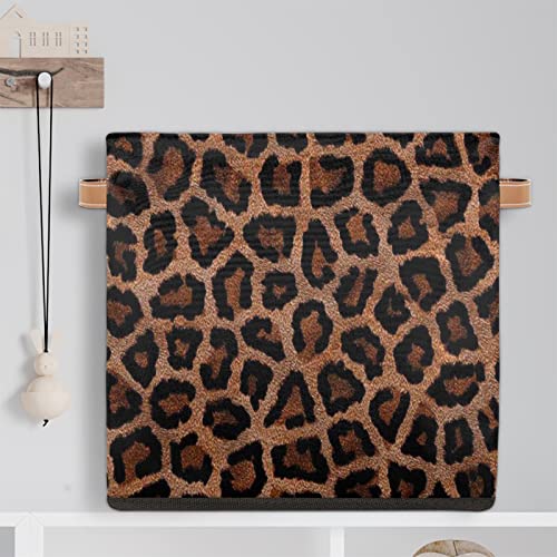 Leopard Print Cube Storage Bins 13 x 13 x 13 inch, Animal Print Fabric Organizer Bins Basket Boxes with PU Leather Handles Foldable Storage Cube for Clothes Bedroom Closet Shelves