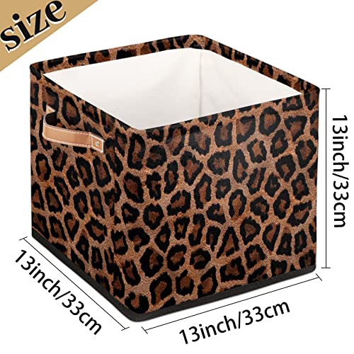 Leopard Print Cube Storage Bins 13 x 13 x 13 inch, Animal Print Fabric Organizer Bins Basket Boxes with PU Leather Handles Foldable Storage Cube for Clothes Bedroom Closet Shelves