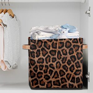 Leopard Print Cube Storage Bins 13 x 13 x 13 inch, Animal Print Fabric Organizer Bins Basket Boxes with PU Leather Handles Foldable Storage Cube for Clothes Bedroom Closet Shelves