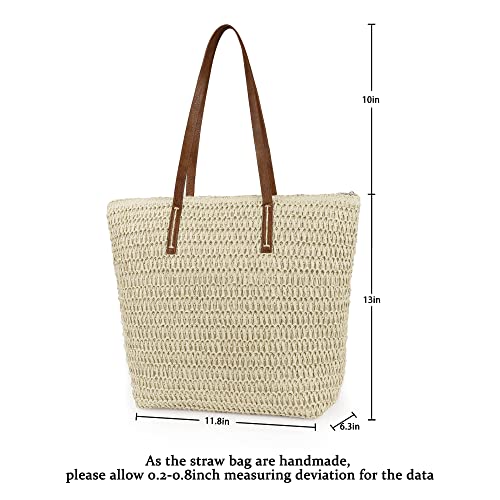 Womens Large Straw Beach Tote Bag Handmade Woven Shoulder Bag Handbag Purse for Summer (Beige)