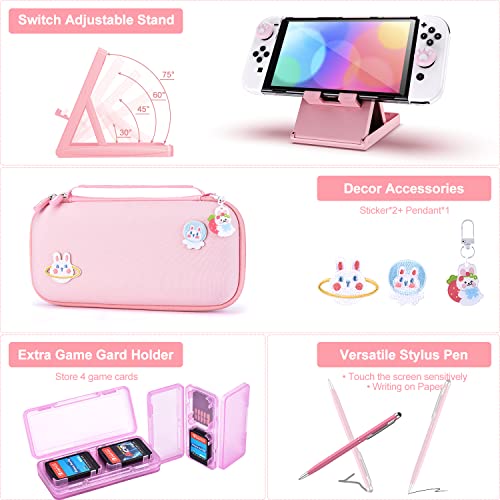 innoAura Switch OLED Accessories Bundle 18 in 1 Switch Bundle with Switch Case, Switch Game Case, Switch OLED Screen Protector, Switch Stand, Switch Thumb Grips (Pink)