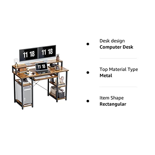 CubiCubi 47 Inch Computer Desk with Storage Shelves Monitor Stand Keyboard Tray, Home Office Desk, Study Writing Table, Brown