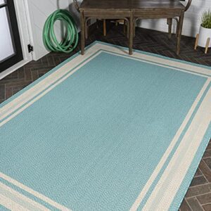 jonathan y smb201b-5 james modern border stripe indoor outdoor farmhouse transitional area rug,high traffic,kitchen,living room,backyard,non shedding,5 x 8,aqua/beige