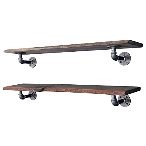 PIPE DECOR 36” Boulder Black Live Edge Wood Shelf with Industrial L-Shaped Pipe Brackets (2-Pack)