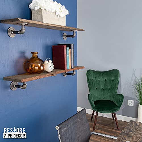 PIPE DECOR 36” Boulder Black Live Edge Wood Shelf with Industrial L-Shaped Pipe Brackets (2-Pack)