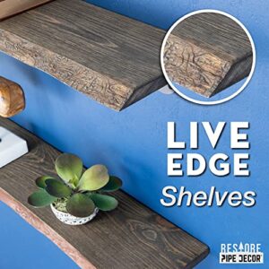 PIPE DECOR 36” Boulder Black Live Edge Wood Shelf with Industrial L-Shaped Pipe Brackets (2-Pack)