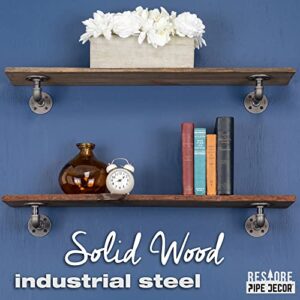 PIPE DECOR 36” Boulder Black Live Edge Wood Shelf with Industrial L-Shaped Pipe Brackets (2-Pack)