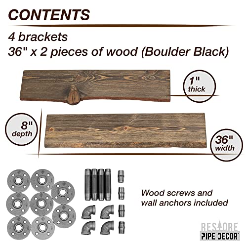 PIPE DECOR 36” Boulder Black Live Edge Wood Shelf with Industrial L-Shaped Pipe Brackets (2-Pack)