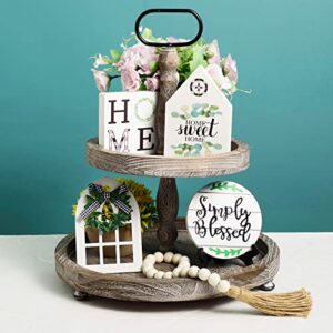 6 Pcs Wooden Farmhouse Tiered Tray Decor Home Sweet Simply Blessed Tray Decor Wooden Beads Garland (Tiered Tray and Artificial Plant Not Included)