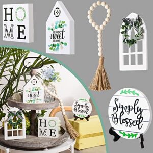 6 Pcs Wooden Farmhouse Tiered Tray Decor Home Sweet Simply Blessed Tray Decor Wooden Beads Garland (Tiered Tray and Artificial Plant Not Included)