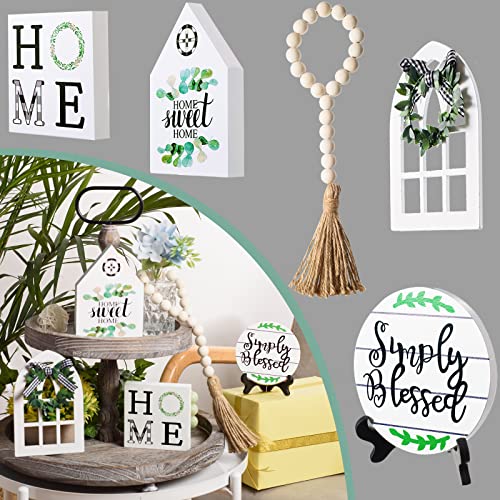 6 Pcs Wooden Farmhouse Tiered Tray Decor Home Sweet Simply Blessed Tray Decor Wooden Beads Garland (Tiered Tray and Artificial Plant Not Included)