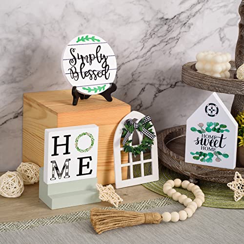 6 Pcs Wooden Farmhouse Tiered Tray Decor Home Sweet Simply Blessed Tray Decor Wooden Beads Garland (Tiered Tray and Artificial Plant Not Included)