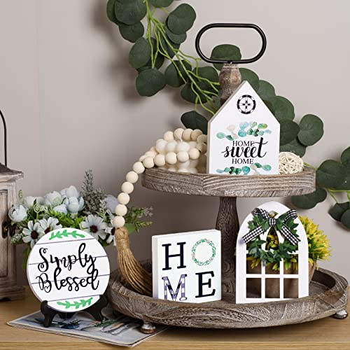 6 Pcs Wooden Farmhouse Tiered Tray Decor Home Sweet Simply Blessed Tray Decor Wooden Beads Garland (Tiered Tray and Artificial Plant Not Included)