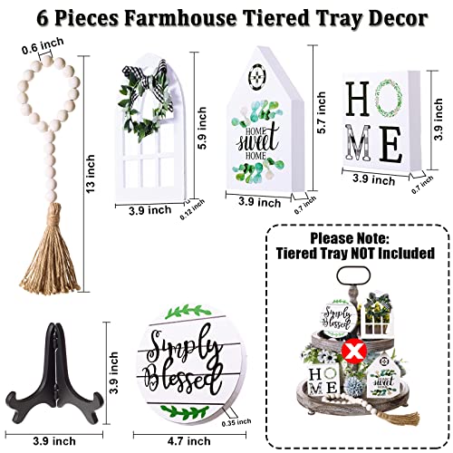 6 Pcs Wooden Farmhouse Tiered Tray Decor Home Sweet Simply Blessed Tray Decor Wooden Beads Garland (Tiered Tray and Artificial Plant Not Included)