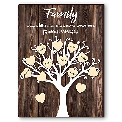 3D Family Tree Wall Decor Family Names Sign DIY Family Tree Wooden House Warming Gifts Grandparent Gift with 25 Wood Hearts and 30 Hook and Loop Stickers, 15.75 x 11.81 Inches