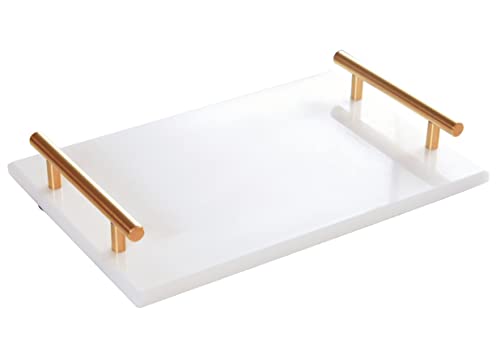 Moreast Genuine Marble Tray Bathroom Tray with Golden Handle, Natural Stone Decorative Tray with Metal Handle for Bathroom Kitchen Vanity Dresser Nightstand Desk, 11.8" x 7.9" White