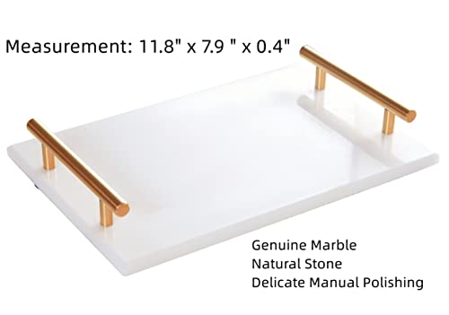 Moreast Genuine Marble Tray Bathroom Tray with Golden Handle, Natural Stone Decorative Tray with Metal Handle for Bathroom Kitchen Vanity Dresser Nightstand Desk, 11.8" x 7.9" White