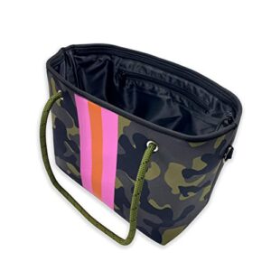 TANJUR Neoprene Medium Crossbody Bag Casual Shoulder Bag Lightweight Daily Hand Bag for Women with Zipper and A Small Purse（Green Camouflage Pink Stripe）