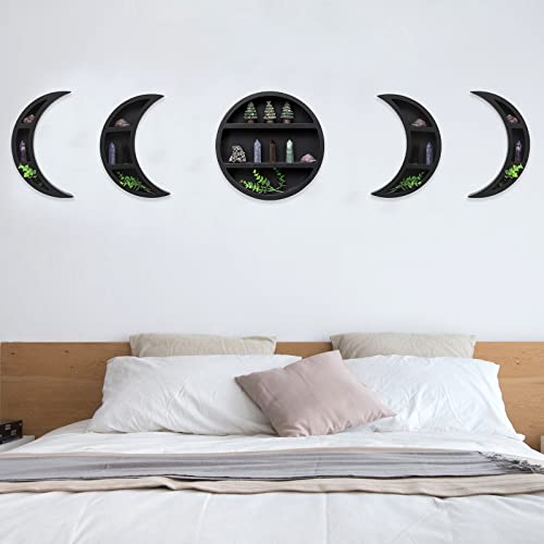 JCLD&YO9 Moon Phase Shelf Set Black Moon Shelf Crescent Floating Shelves,Bed Sofa Wall Decor Storage Rack,Office Decorative 5 Pieces Gift